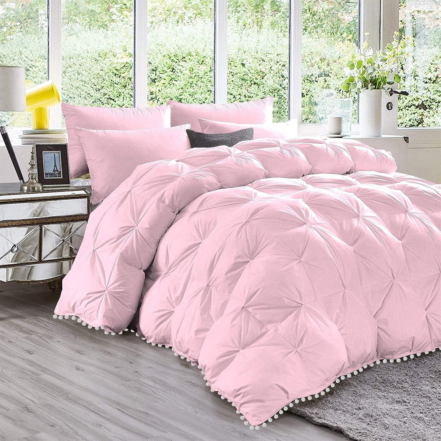 D.N.G. BEDDINGS Luxurious 3 Piece Pom Pom Pinch Pleated Comforter Set ...