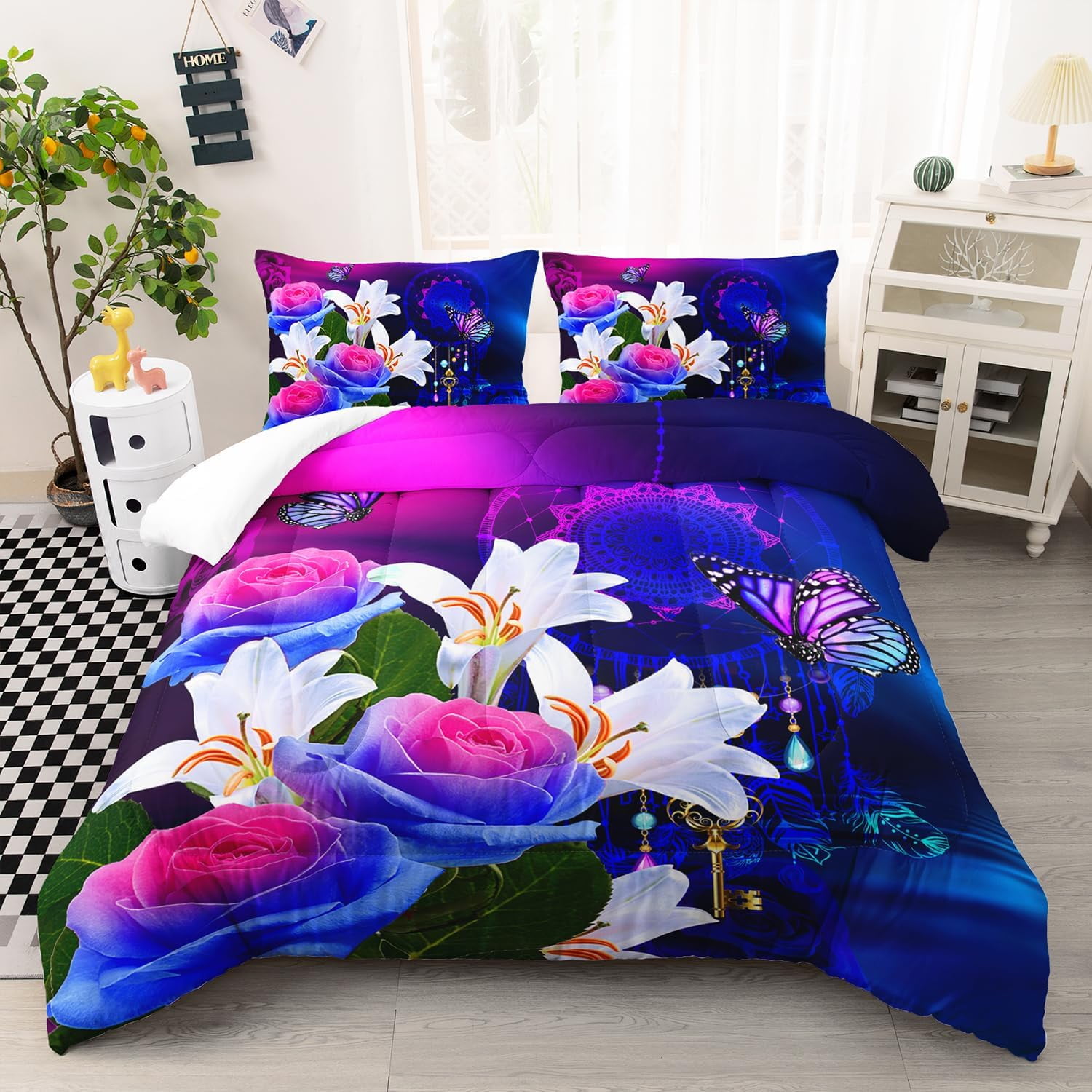 D Oil Painting Red Rose Comforter Set Size 3D Rose and Butterfly ...