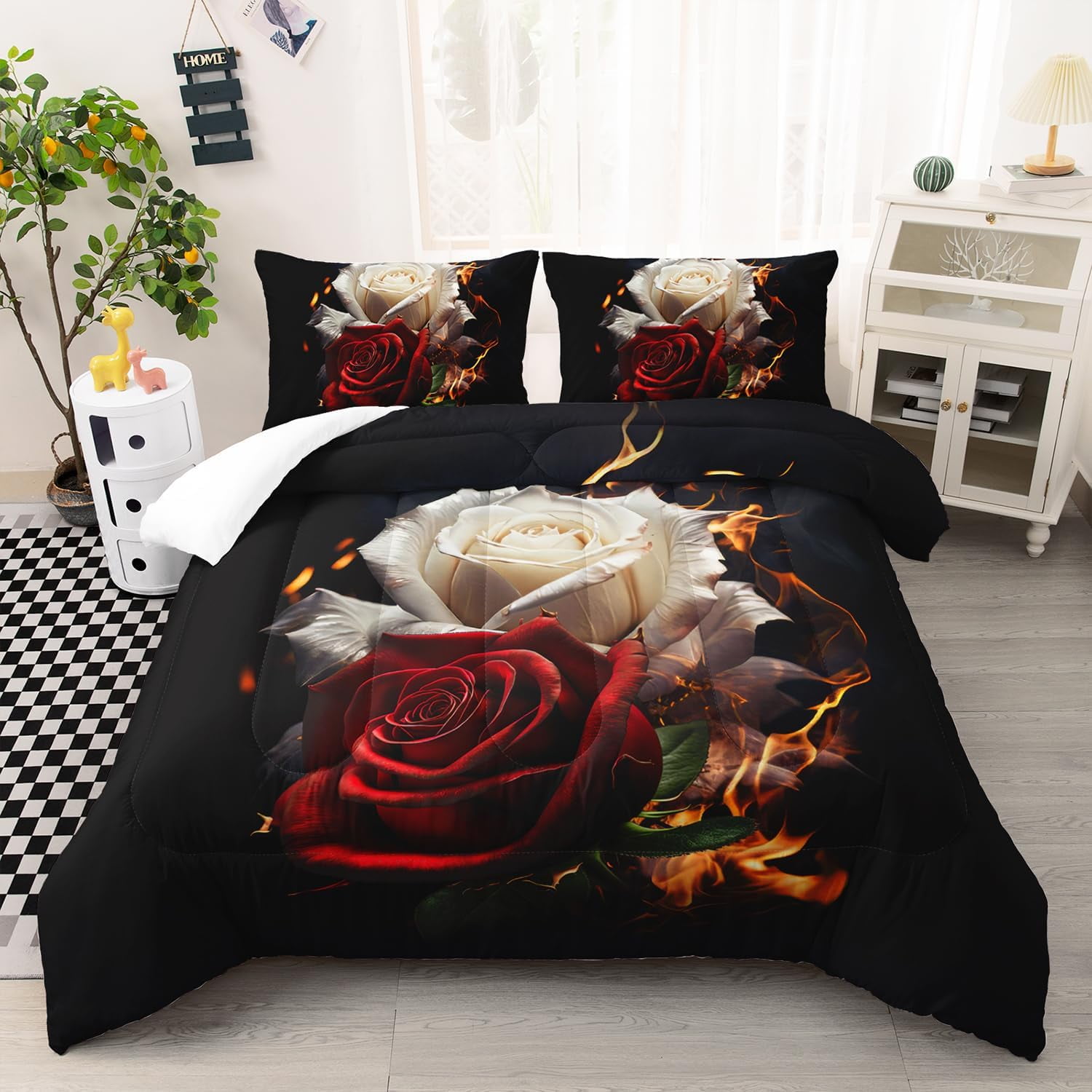 D Oil Painting Red Rose Comforter Set Size 3D Rose and Butterfly ...