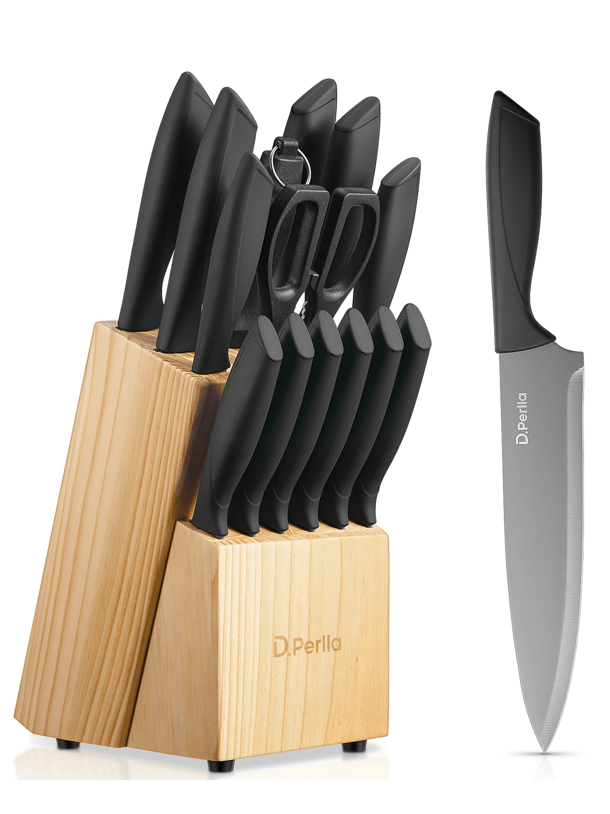 D.Perlla 15 Pieces Knife Set With Block, High Carbon Stainless Steel Kitchen Knife Set With BO ...