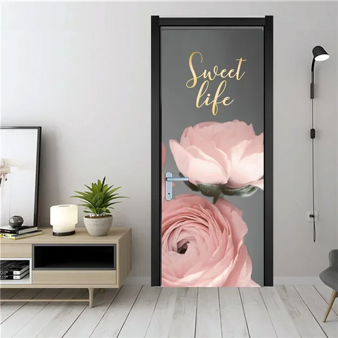 D Pink Roses Door Stickers tic Flowers Wallpaper Women Floral PVC Self ...