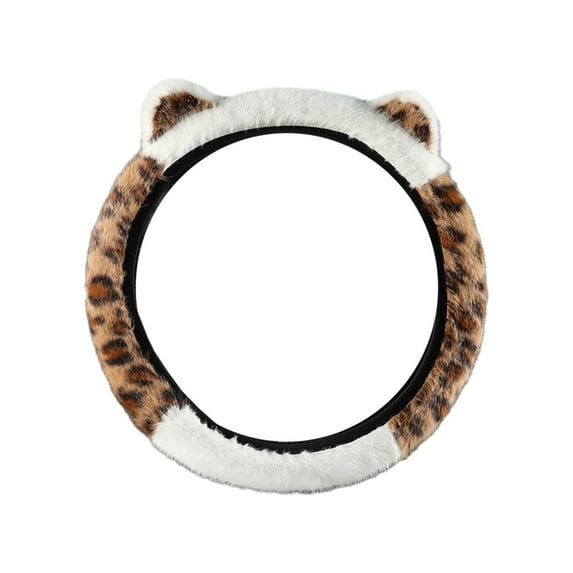 D Plush Car Steering Wheel Cover With Cat Ears, Brown White Leopard ...