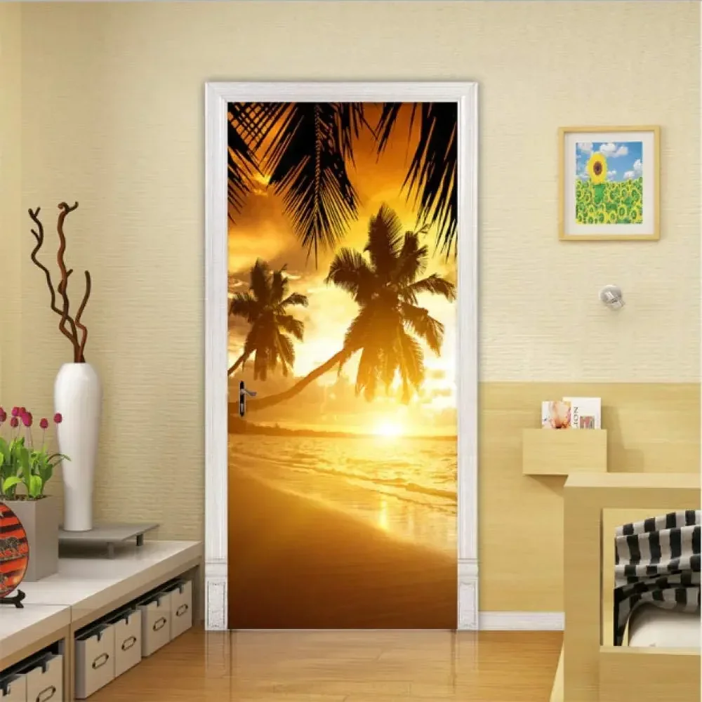 D Seaside Palm Tree Door Stickers Hawaii Ocean Scenery Mural Sticker ...