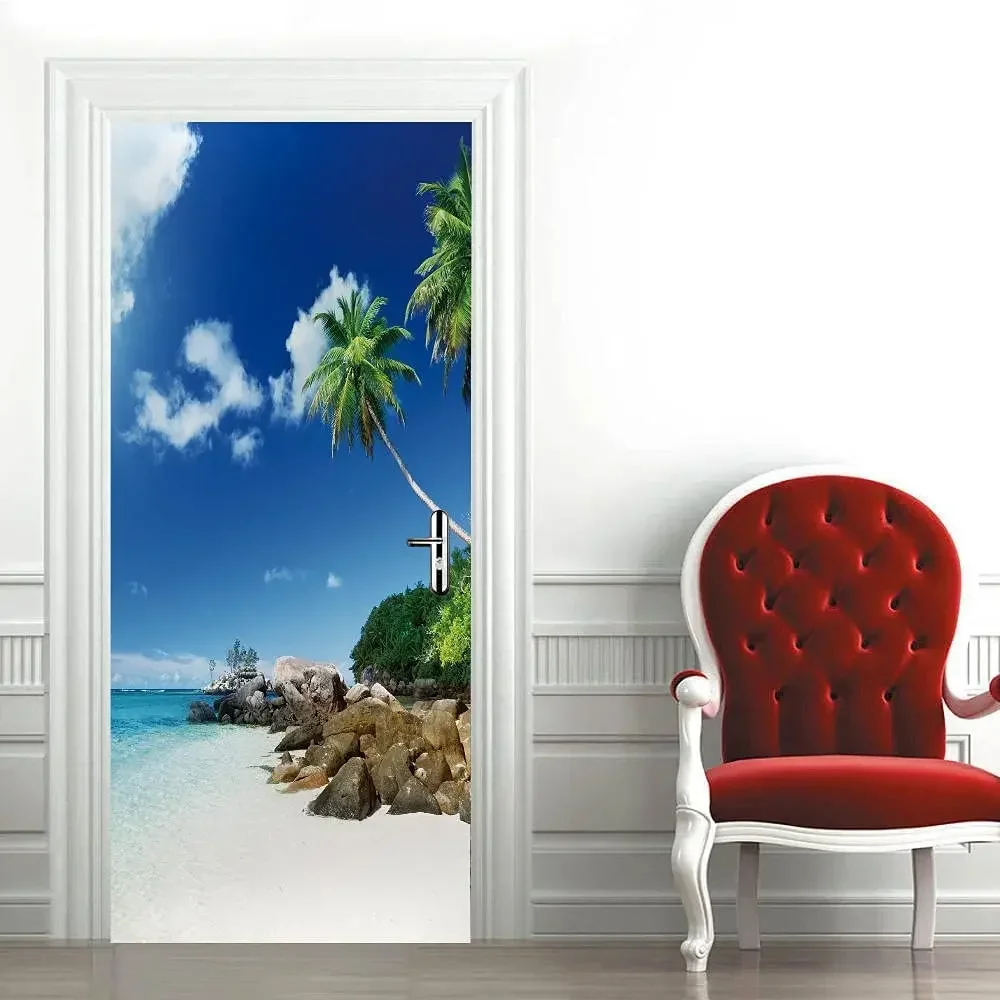 D Seaside Palm Tree Door Stickers Hawaii Ocean Scenery Mural Sticker ...