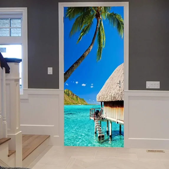 D Seaside Palm Tree Door Stickers Hawaii Ocean Scenery Mural Sticker ...