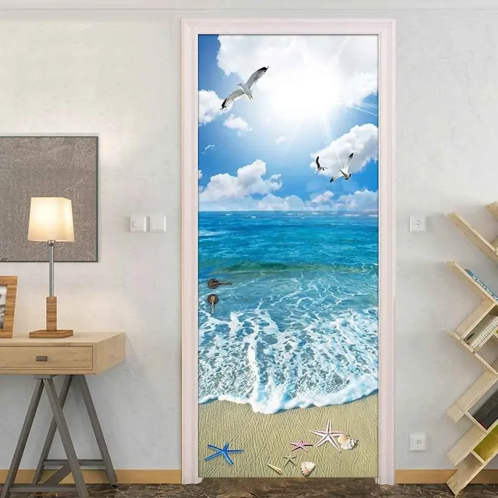 D Seaside Sunset Door Sticker Ocean Scenery Decal Removable Natural Sea ...