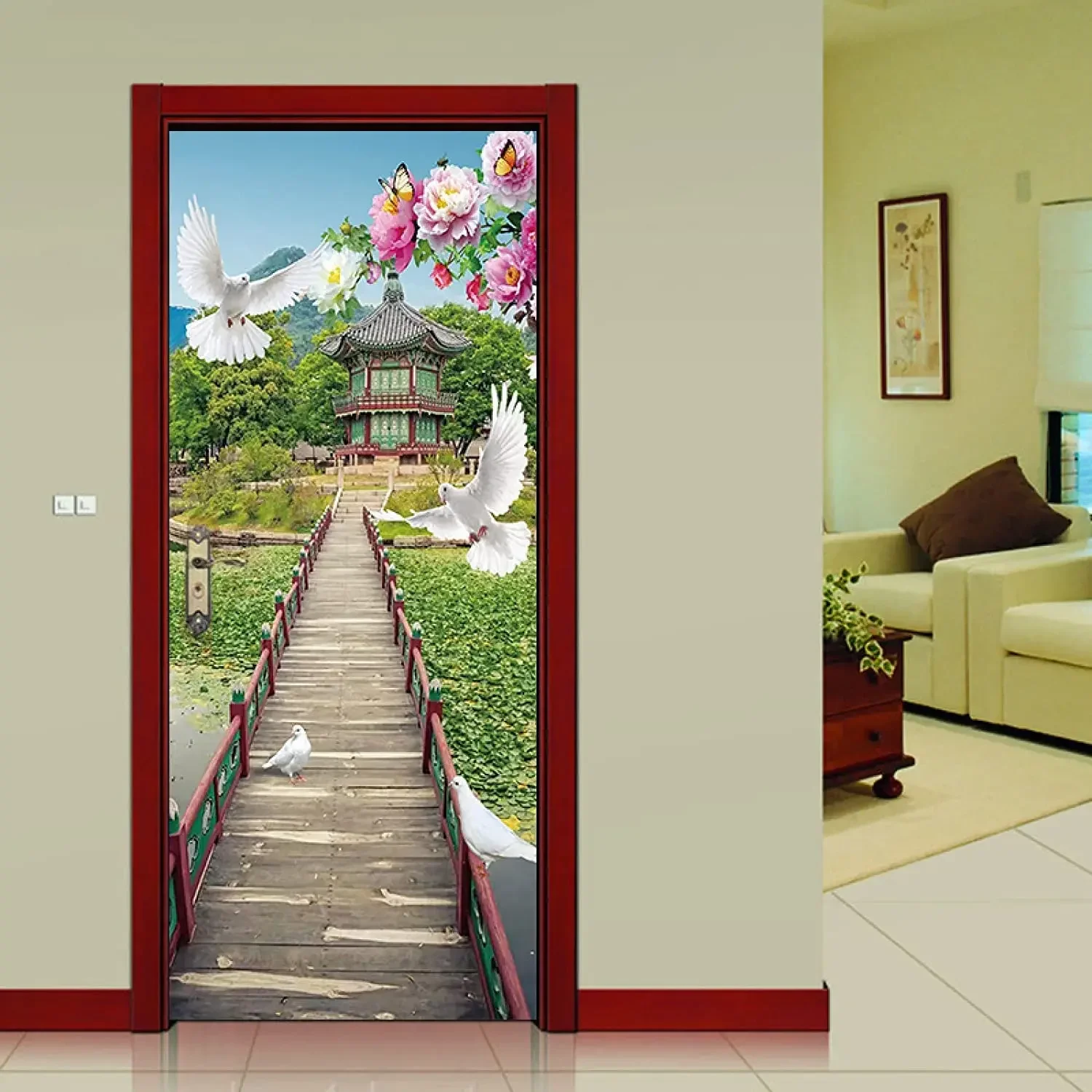D Seaside Wooden Bridge Door Sticker Sunset Scenery Decal Removable ...