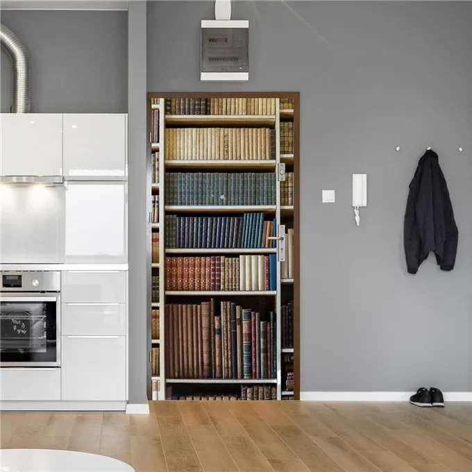 D Vintage Bookshelf Door Stickers Library Bookcase Home Bedroom ...
