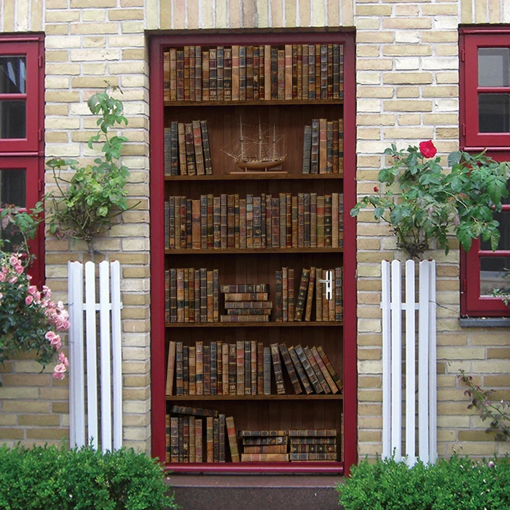 D Vintage Bookshelf Door Stickers Library Bookcase Home Bedroom ...