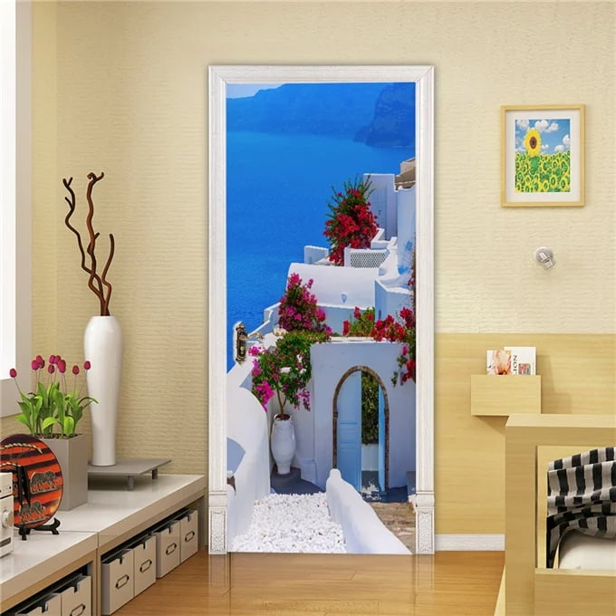 D Vinyl Wallpaper Blue Sky White House Scenery Door Sticker Adhesive ...
