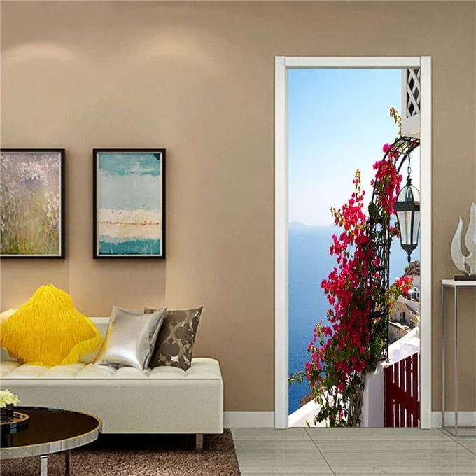 D Vinyl Wallpaper Blue Sky White House Scenery Door Sticker Adhesive ...