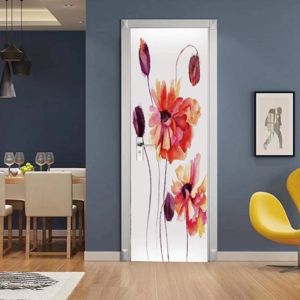 D Watercolor Flowers Door Stickers Colorful Floral Mural Sticker Self ...