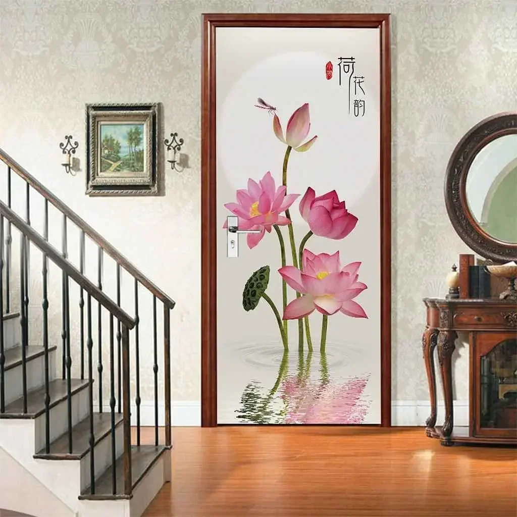 D Watercolor Flowers Door Stickers Colorful Floral Mural Sticker Self ...