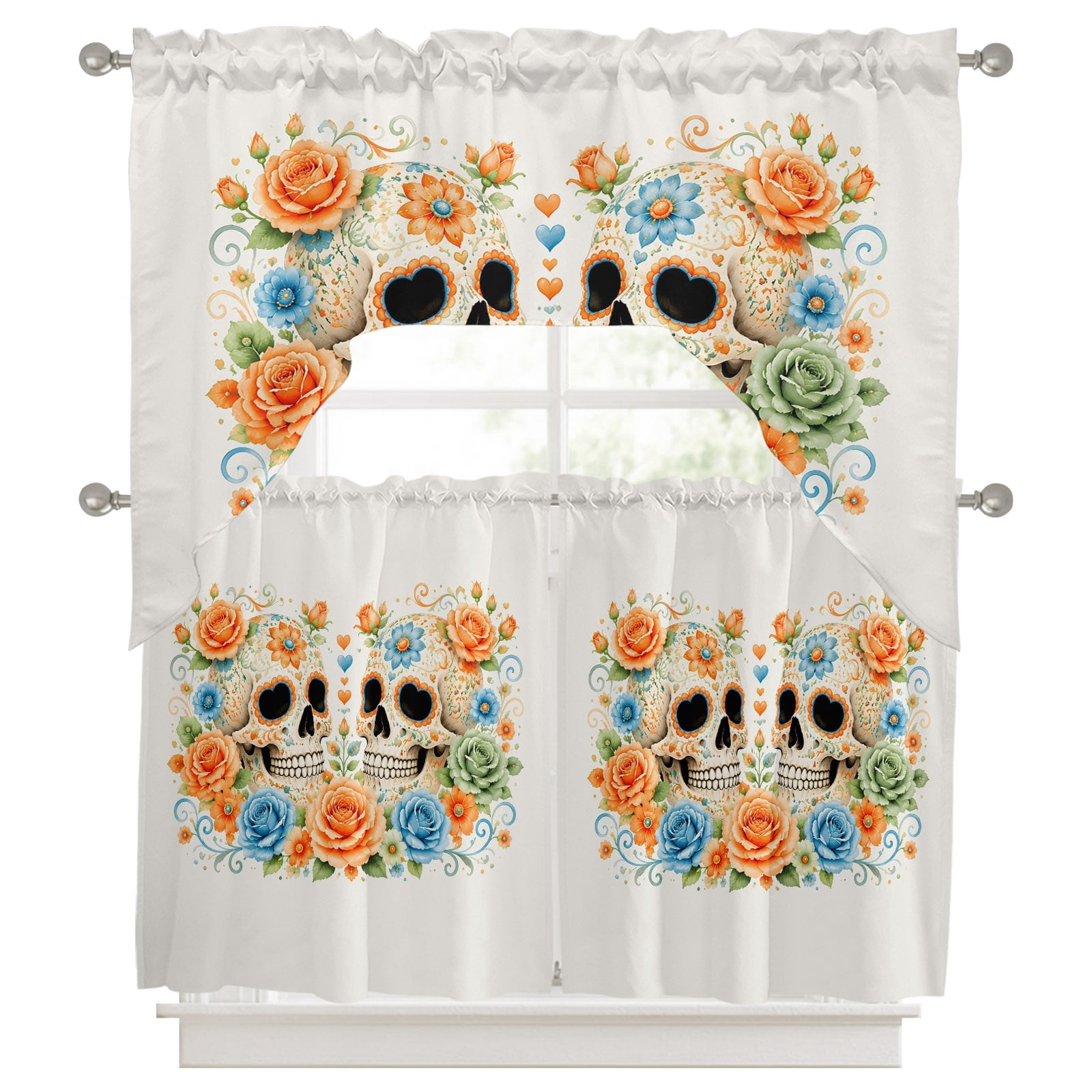 Día De Los Muertos Swag Curtains Valance and Tier Set, Orange Marigold ...