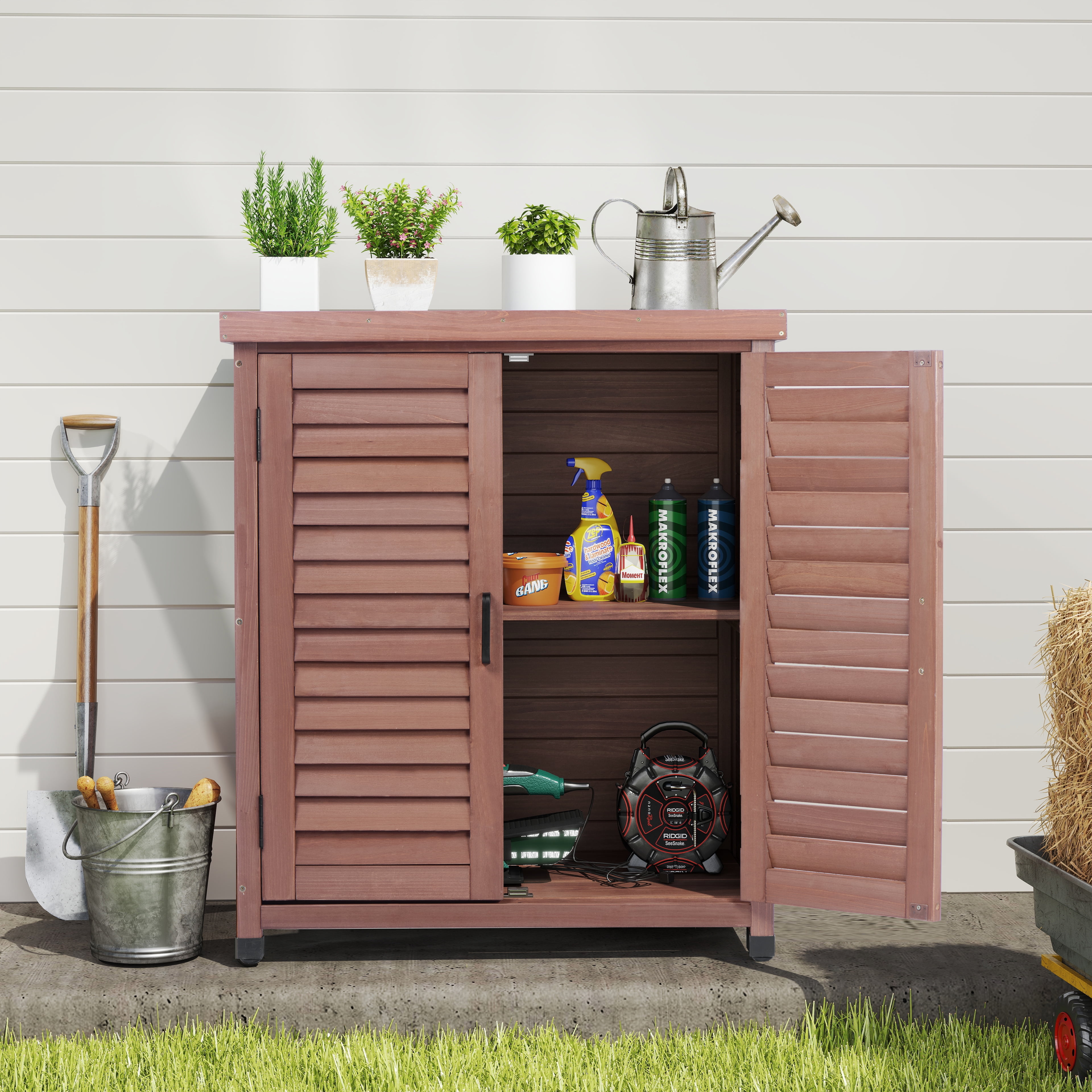 D-road Outdoor Storage Cabinet & Potting Bench Table with Metal Top ...
