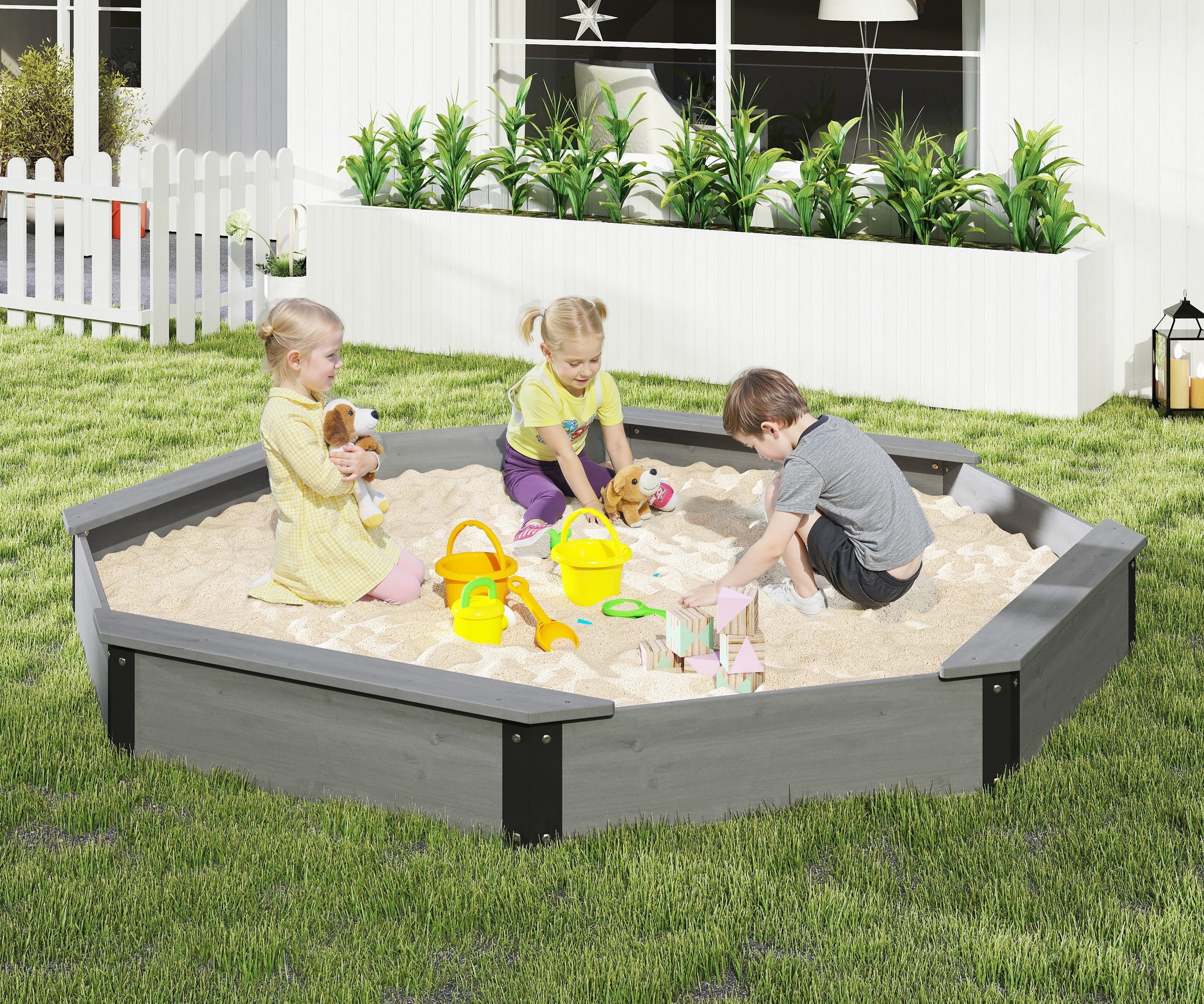 85''x78''x9'' Octagon Sandbox, Wooden Lid, Kids Outdoor Playground ...