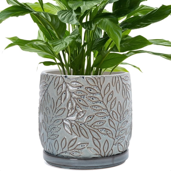 D'vine Dev 8 Inch Embossed Leaves Stoneware Planter Pot with Drainage ...