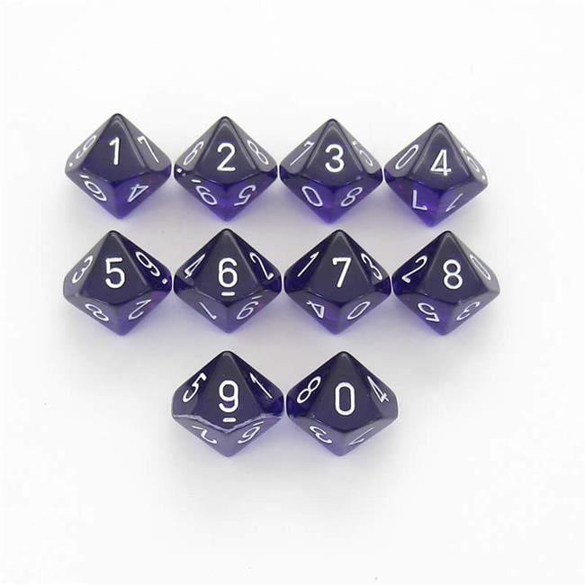 D10 Clamshell Purple Translucent Dice White Numbers - Set of 10 ...