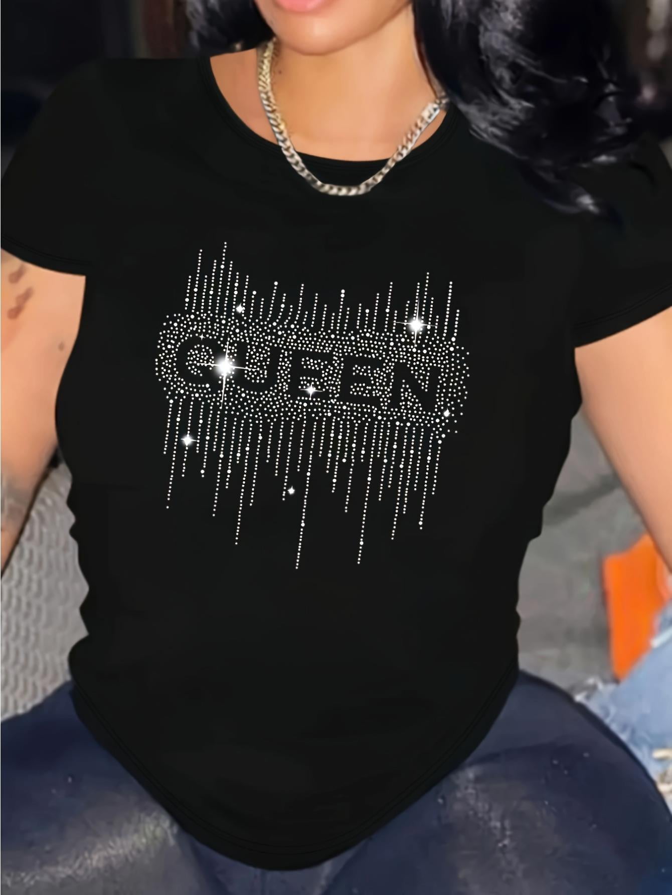 D129 Women's Casual Short Sleeve T-Shirt with Rhinestone Heart & "GREEN" Graphic Print, Stretchy ...