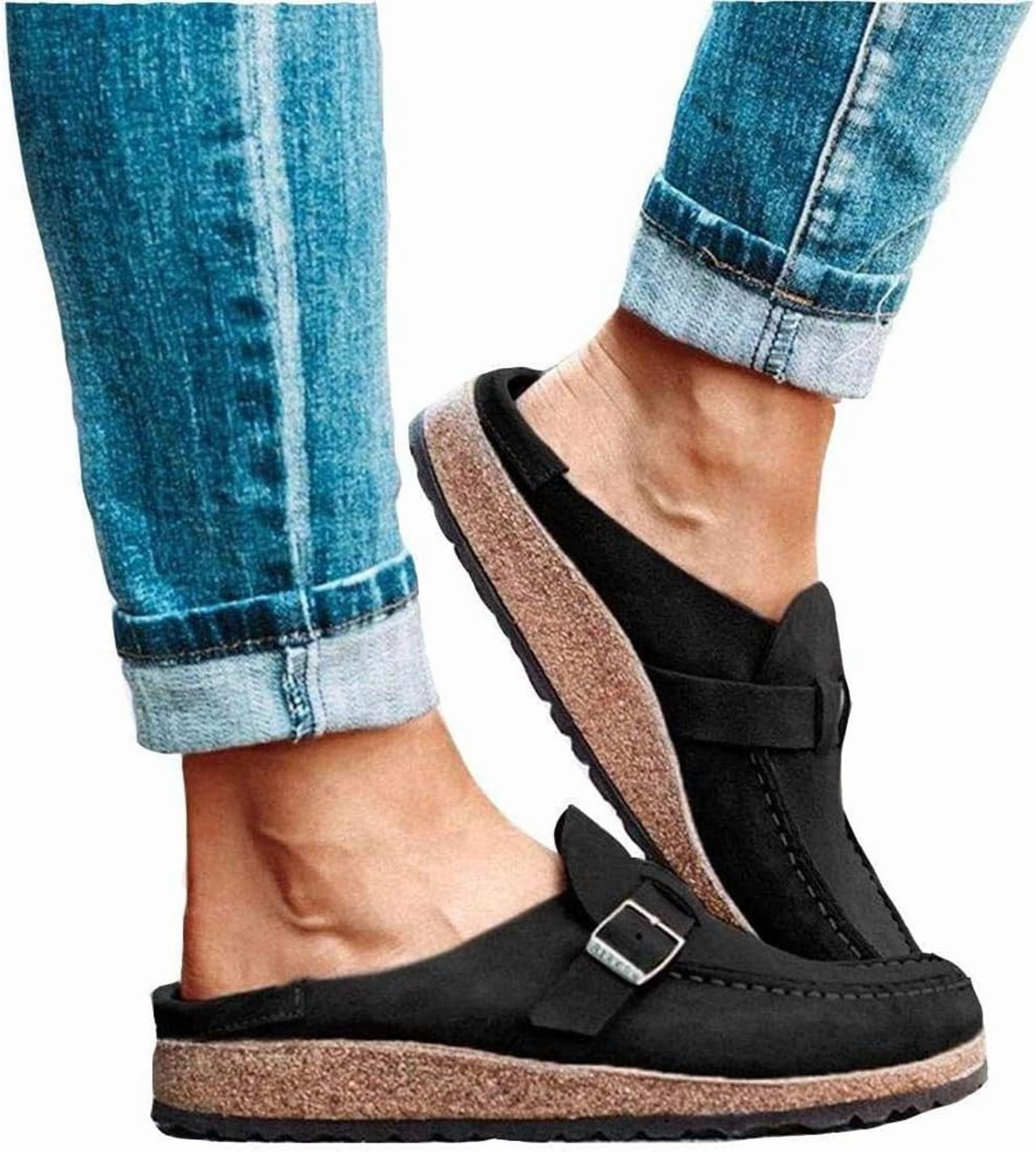 D134M3 Womens Flat Mule Sandals Summer Clogs Suede Flat Slipper Round ...