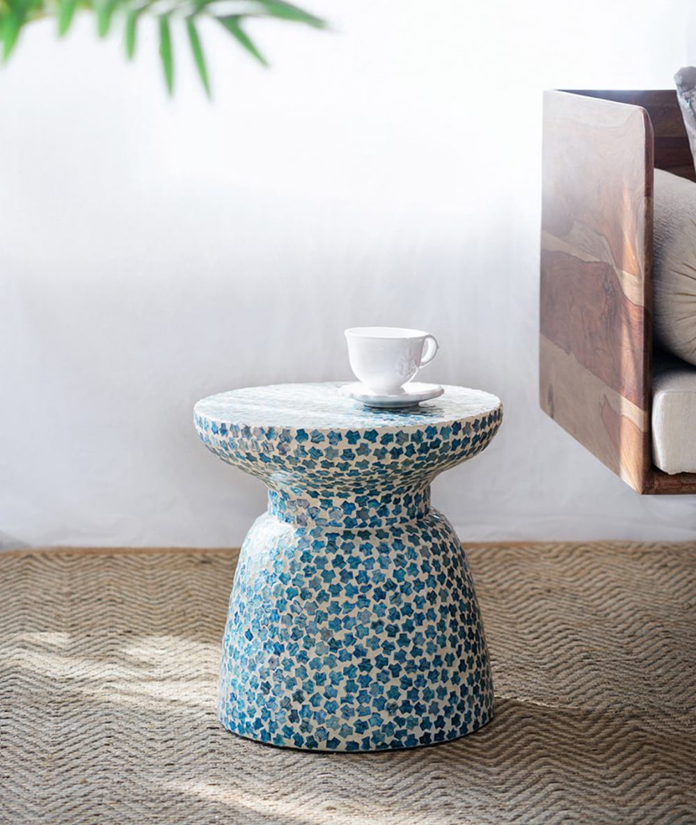 D15X16" Capiz Garden Stool Small Side Tabel,Blue Accent Round End Table ...