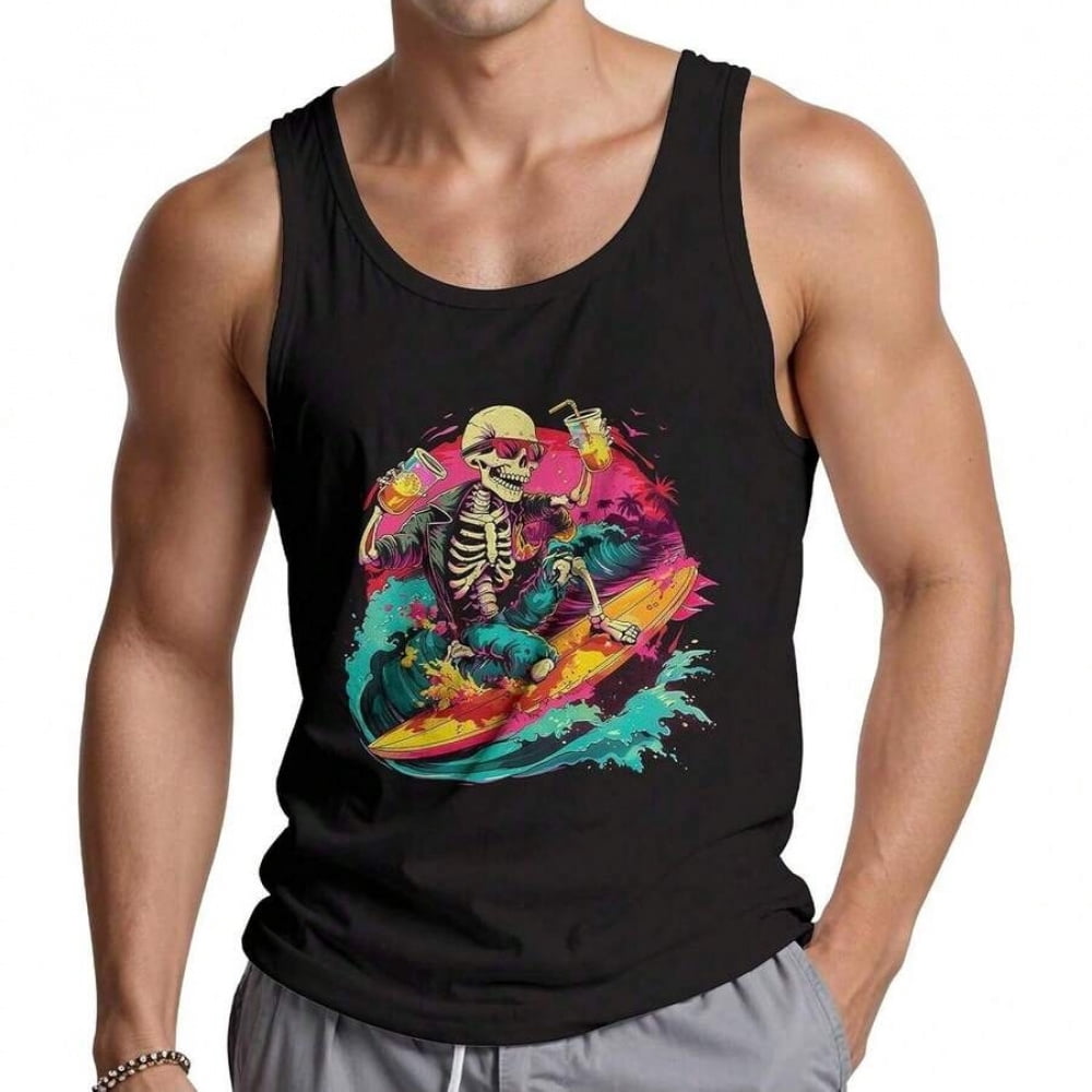 D2 Surf Black Mens Graphic Muscle Tank Top With Skeleton Surfer Print ...