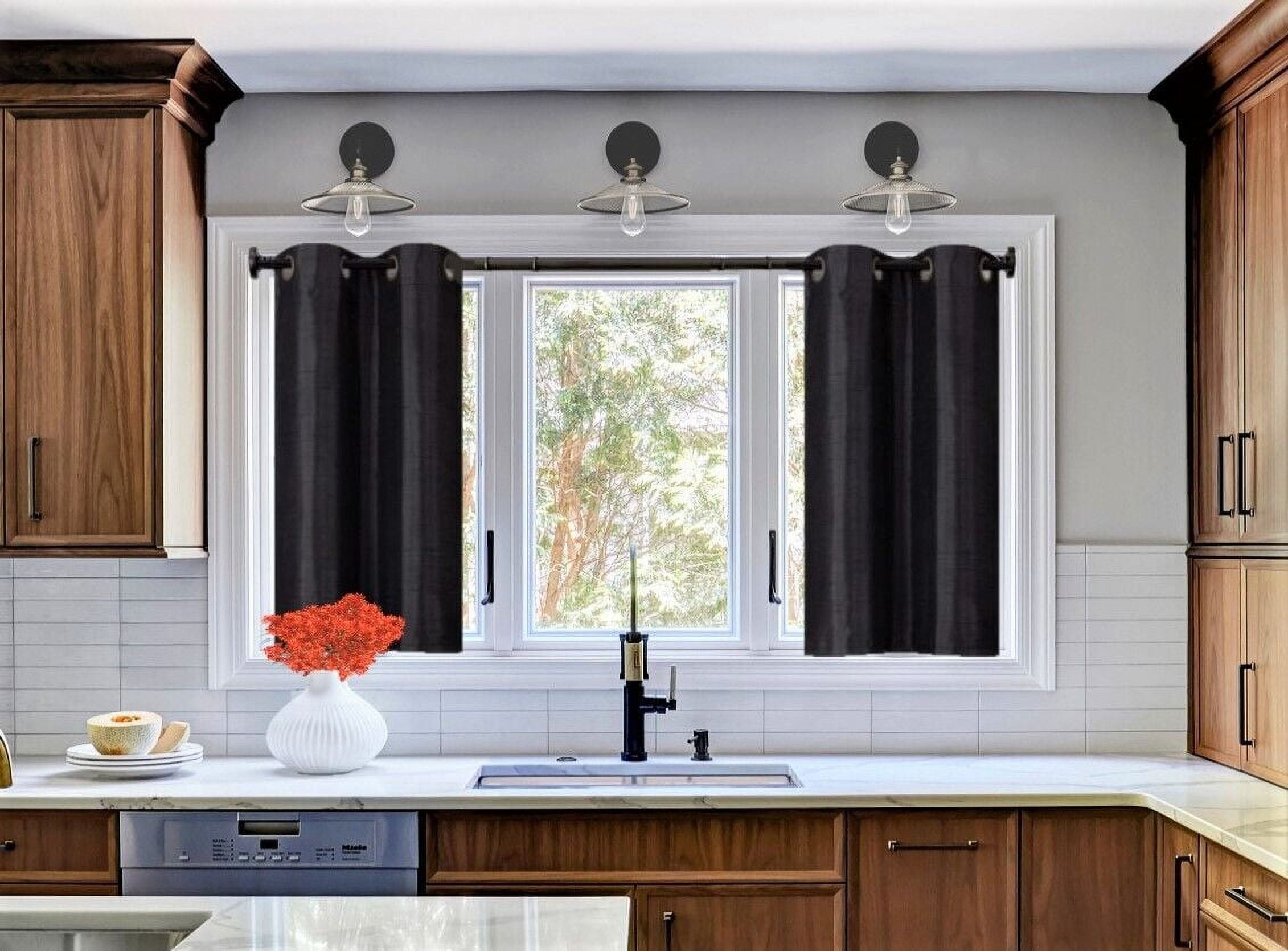D24 2-Piece Blackout Window Curtain Set, Faux Silk, 30" X 36", Black ...