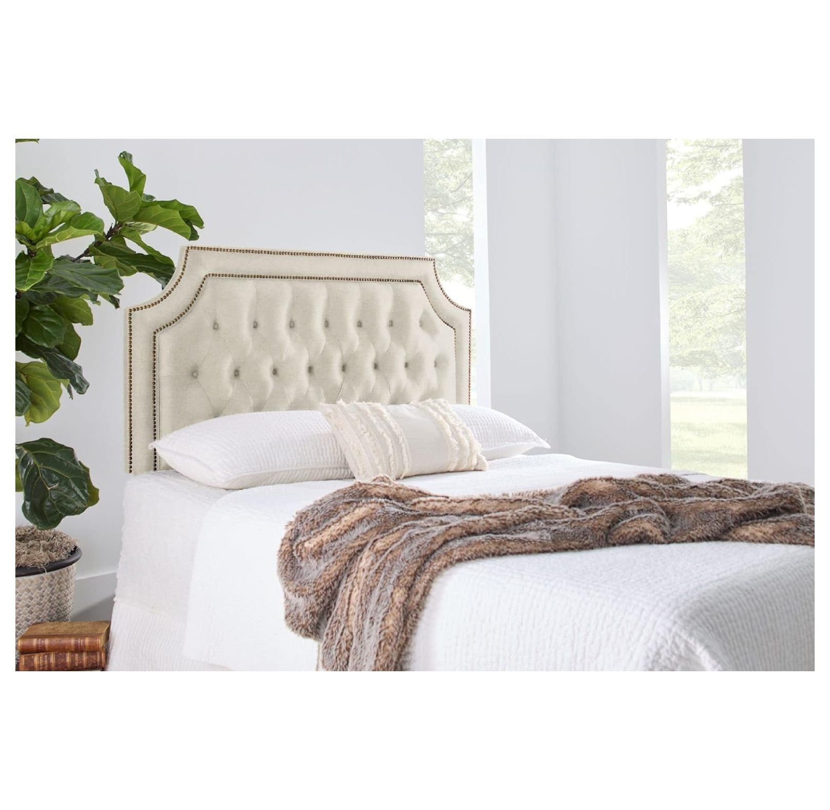 D59 Oatmeal Linen Upholstered Tufted Button Queen Headboard with Brass ...