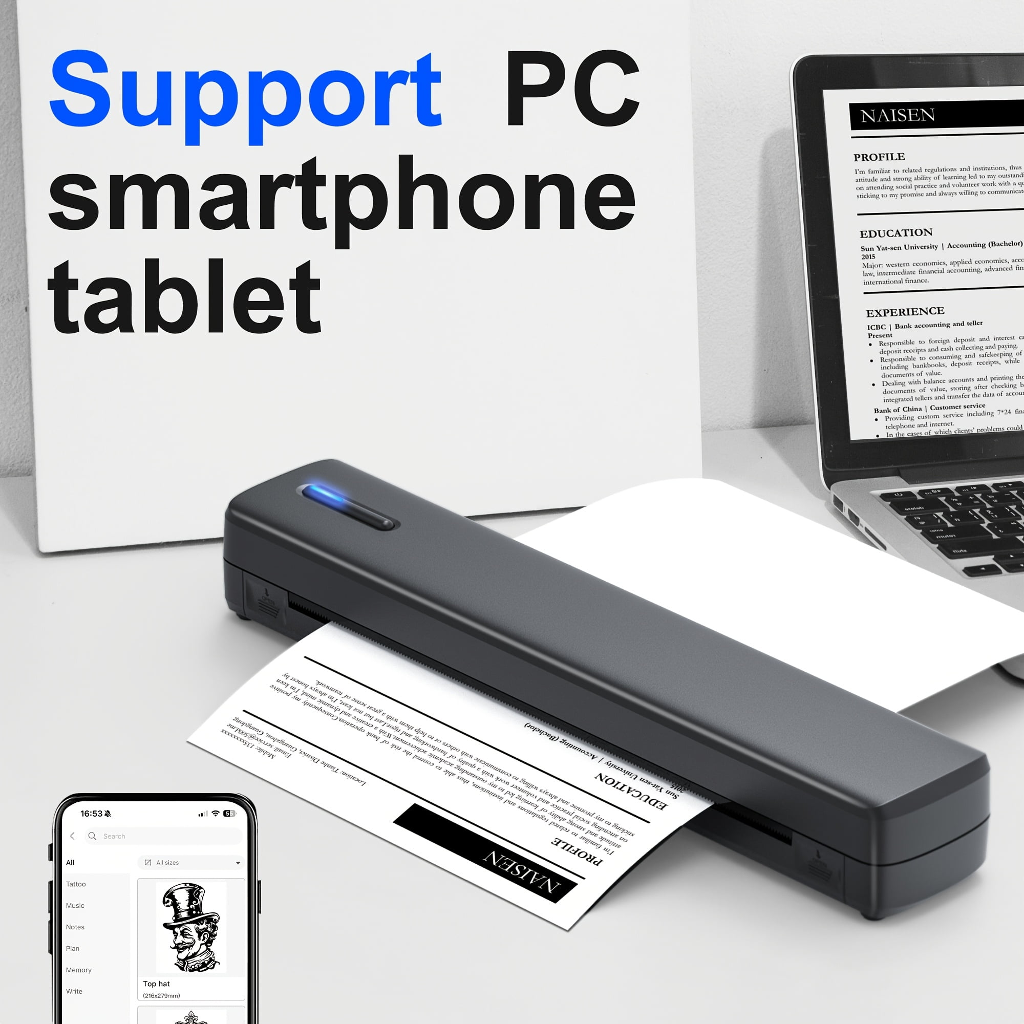 D810B A4 Inkless Thermal Printer, Portable Wireless Mobile for Travel ...