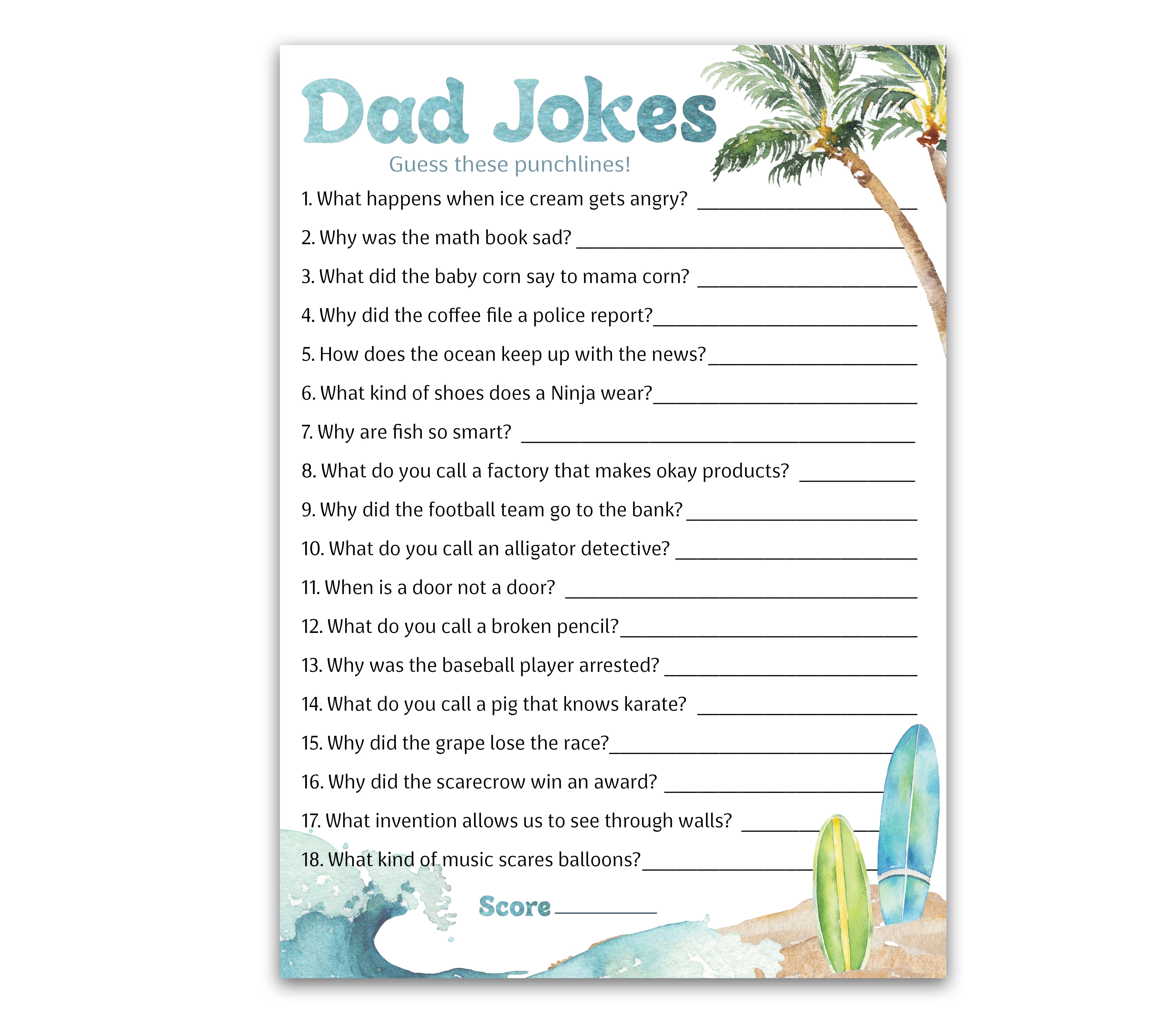 DAD JOKES, BEACH SURF Theme Baby Shower Games, Daddy Jokes Shower ...