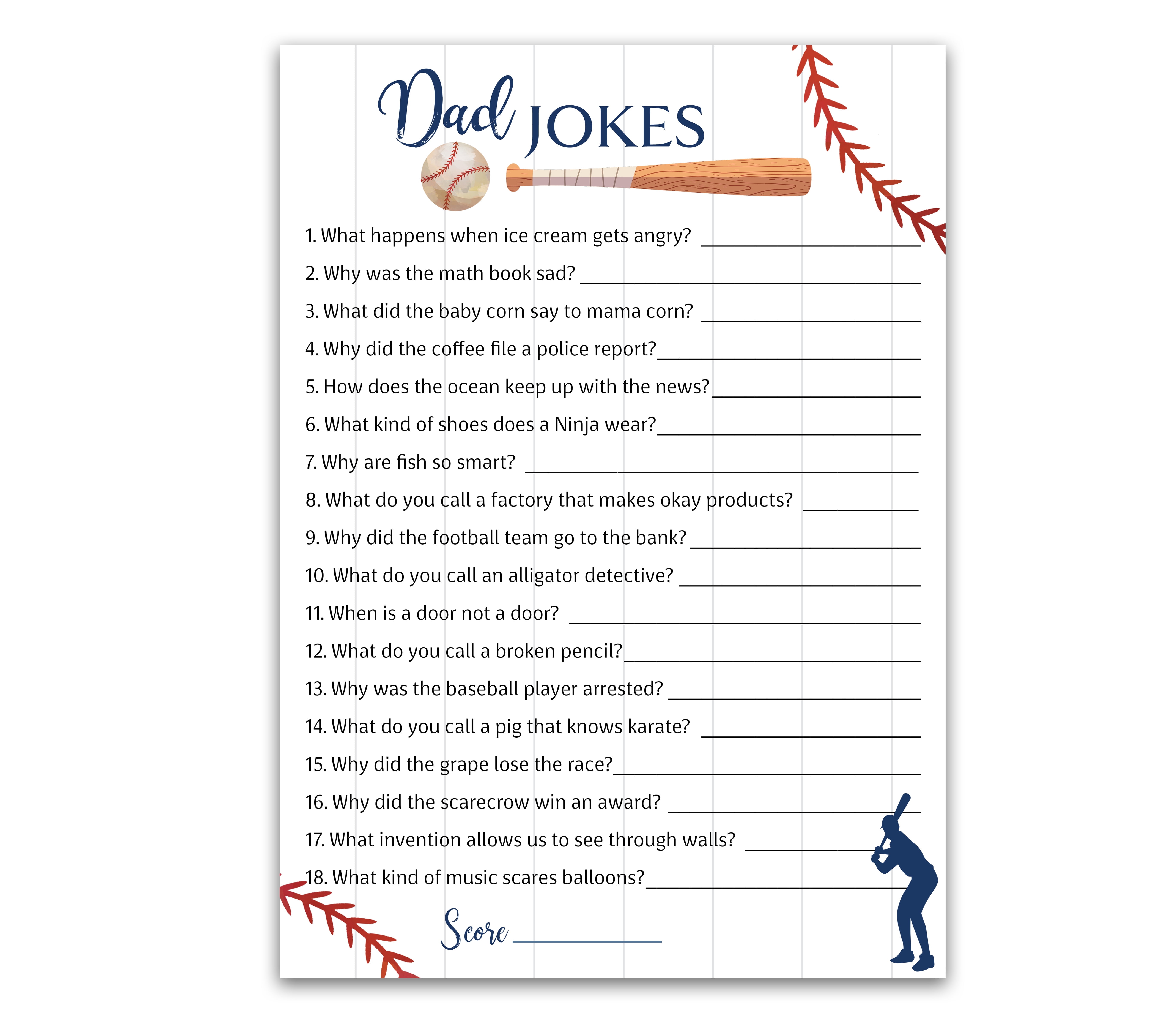 DAD JOKES Boy Baby Shower Games, BASEBALL Theme Daddy Jokes Shower ...
