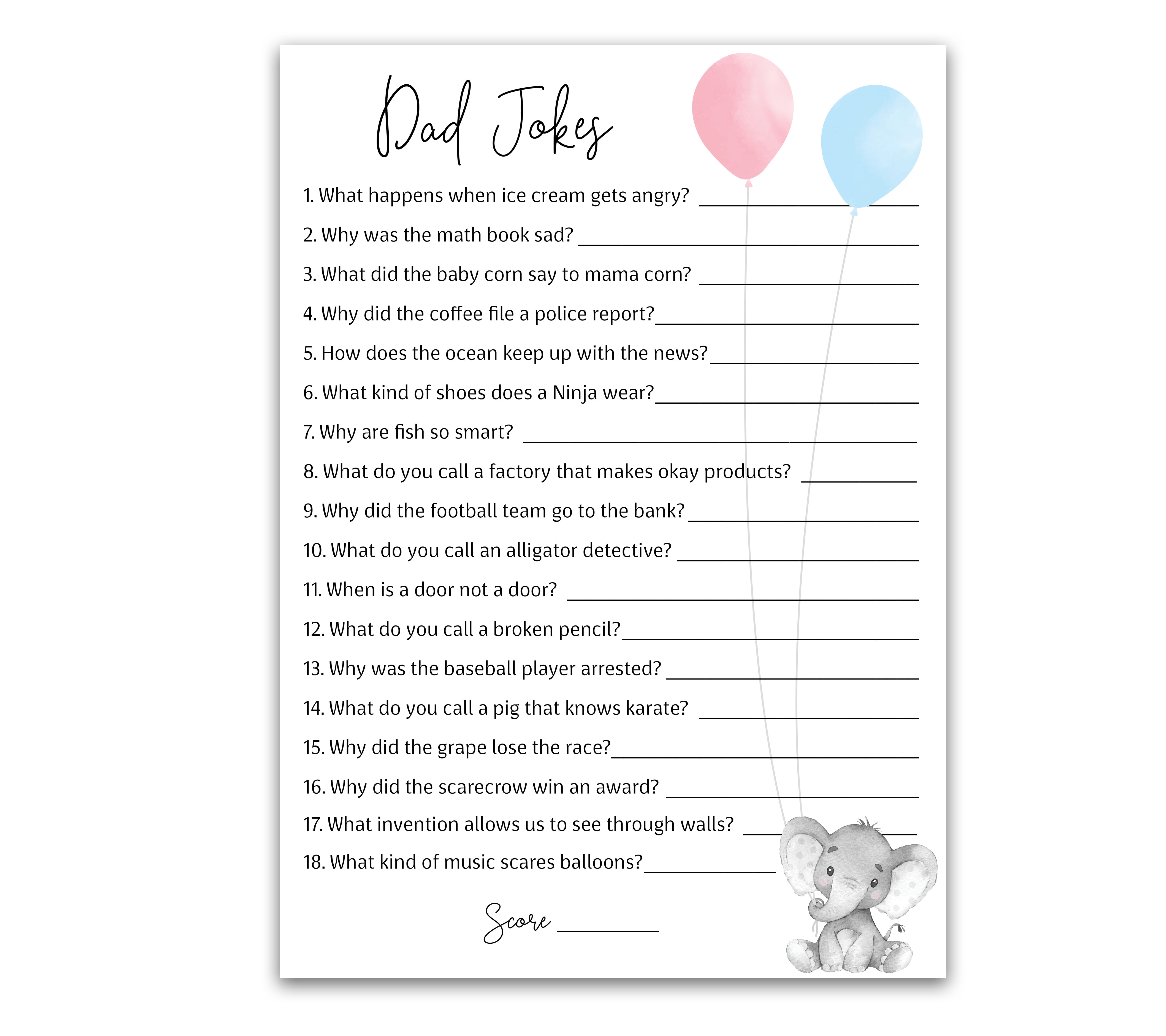 DAD JOKES Gender Reveal Party Game, Daddy Jokes Baby Shower Trivia ...