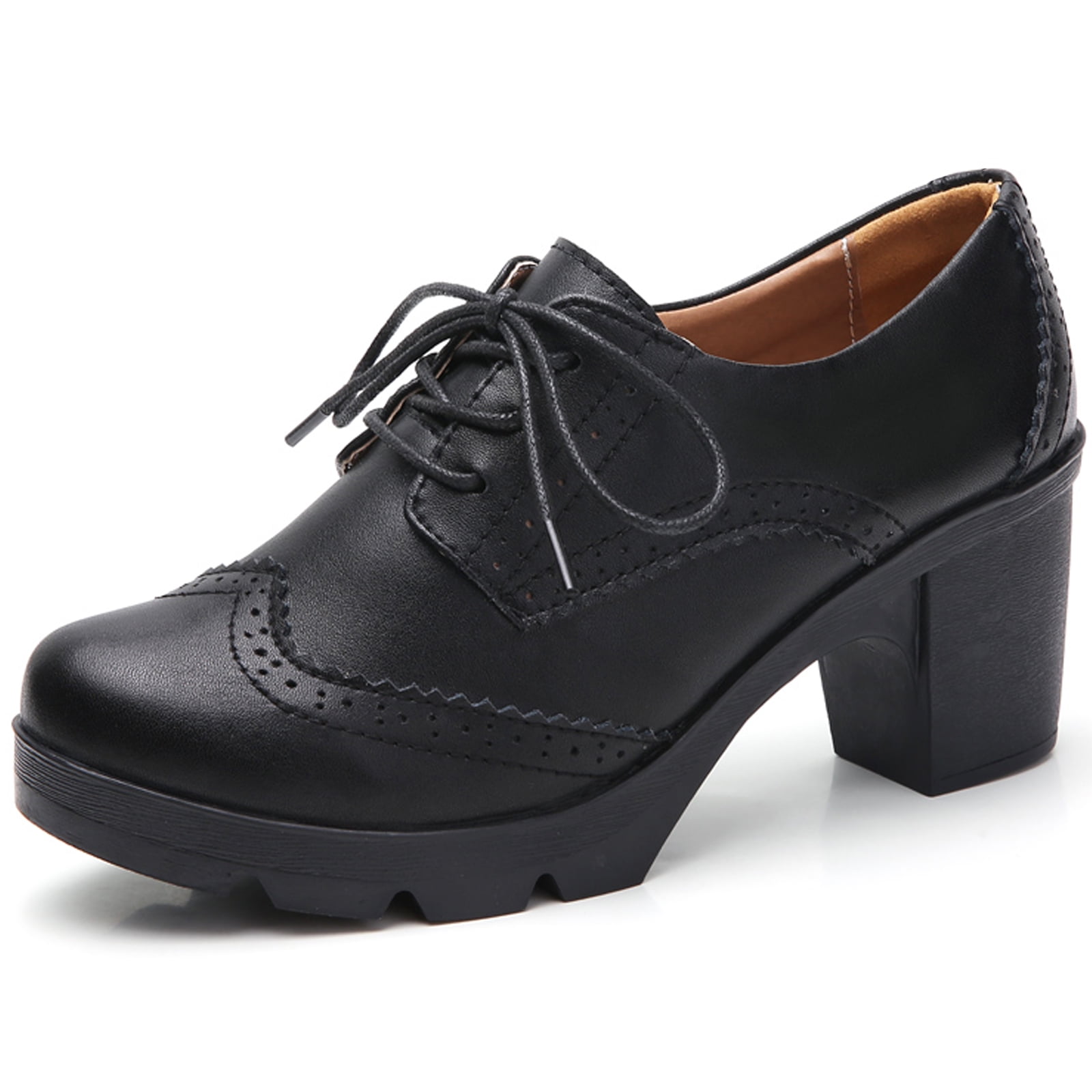 DADAWEN Closed Toe Platform Chunky Block Black Mid-Heel Pumps for Women ...