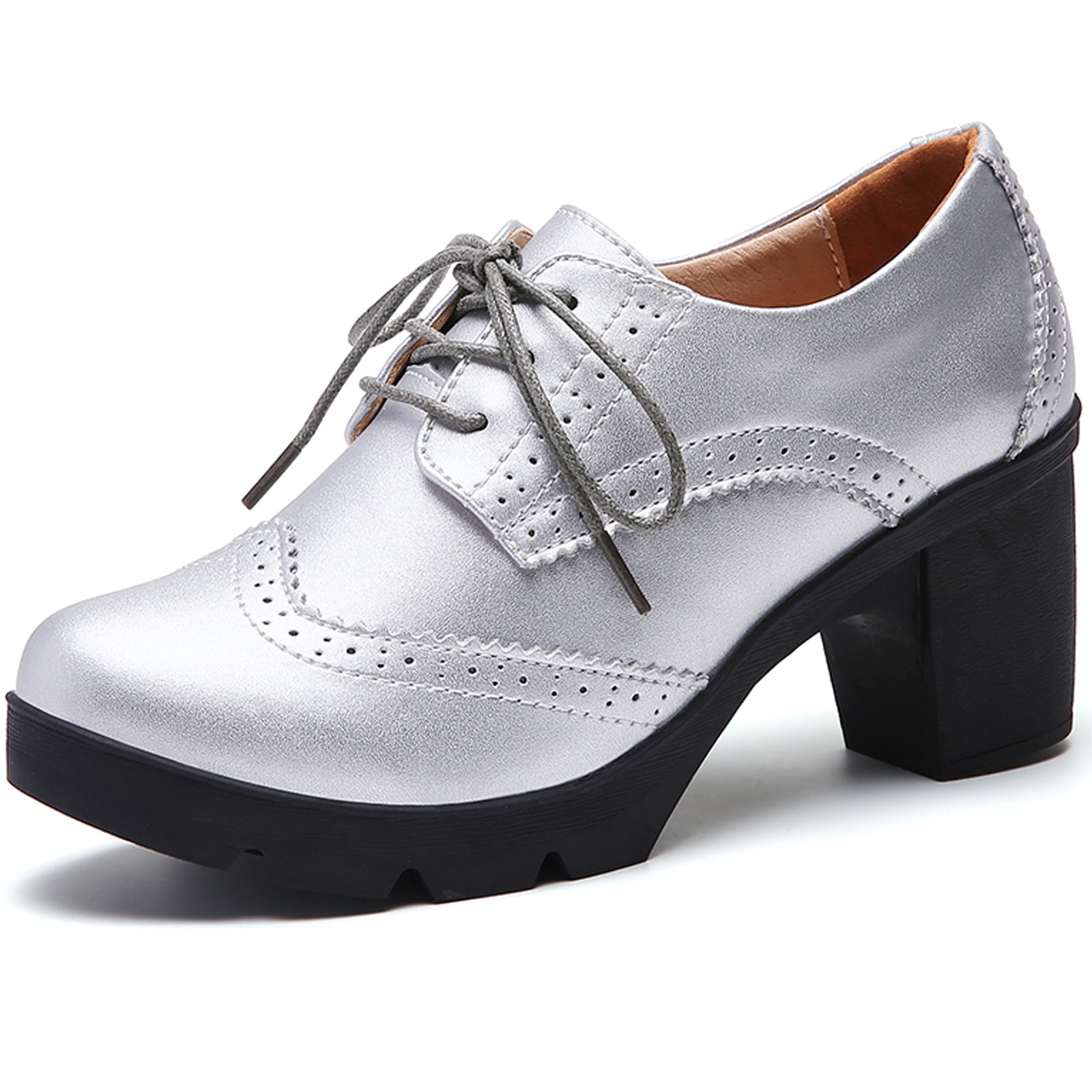 DADAWEN Closed Toe Platform Chunky Block Silver Mid-Heel Pumps for ...