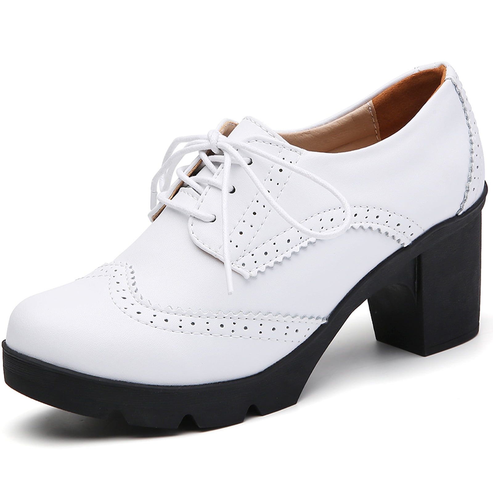 DADAWEN Closed Toe Platform Chunky Block White Mid-Heel Pumps for Women ...