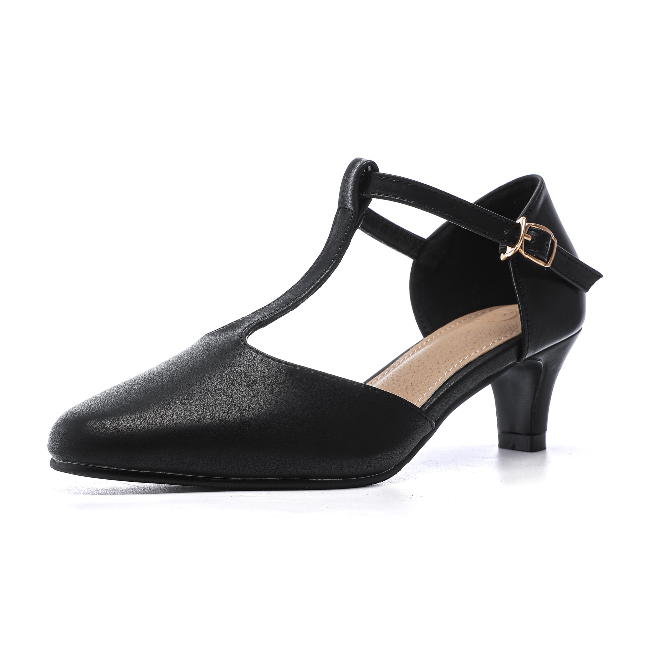 DADAWEN Women Closed Toe Kitten Heels T-Strap Mary Jane Dress Shoes ...