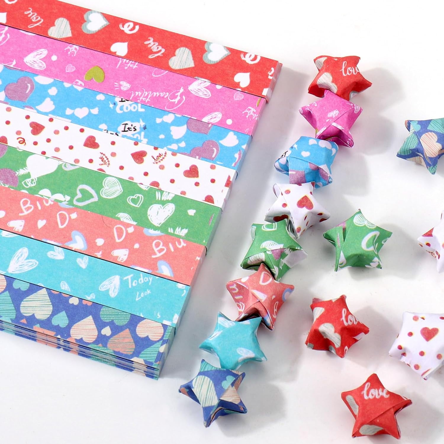 DADHOT 1080PCS Star Paper Strips, 8 Styles Heart Printed Origami Star ...