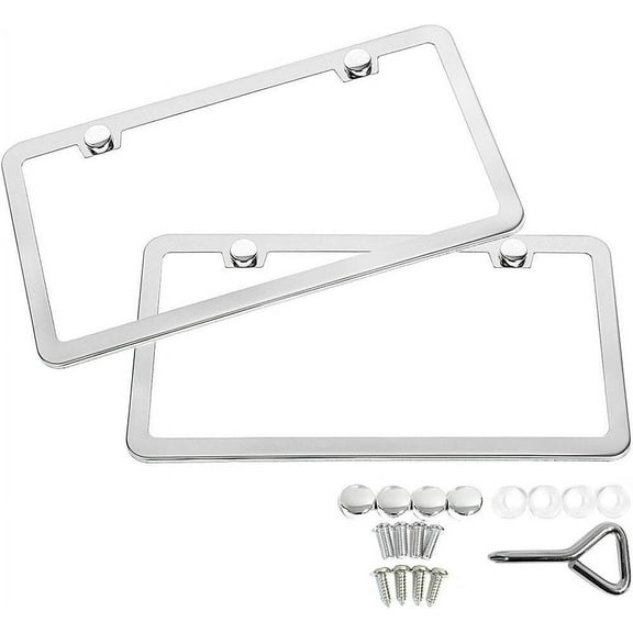 2 Stainless Steel Polish Mirror License Plate Frame + Chrome Screw Caps ...