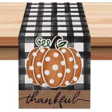 Smile Fall Table Runner and Placemats, 13 x 72, 12 x 18, Maple Leaves Pumpkins Buffalo Plaid ...