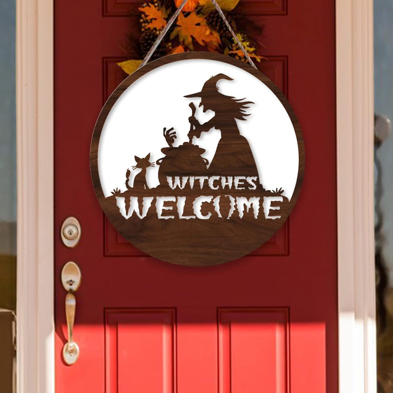 DADHOT Halloween Wooden Welcome Witches Hanging Sign Wall Sign Front ...