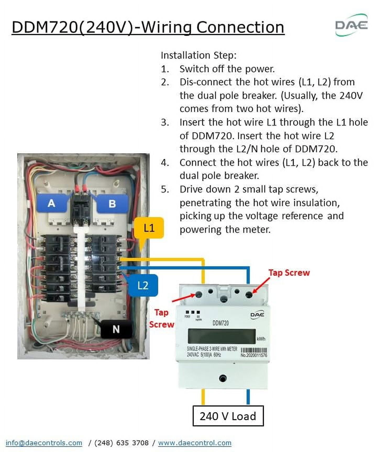 DAE DDM720 240V kWh Meter 100A 1P2W(2 hot wire) Internal CT, 60 Hz ...