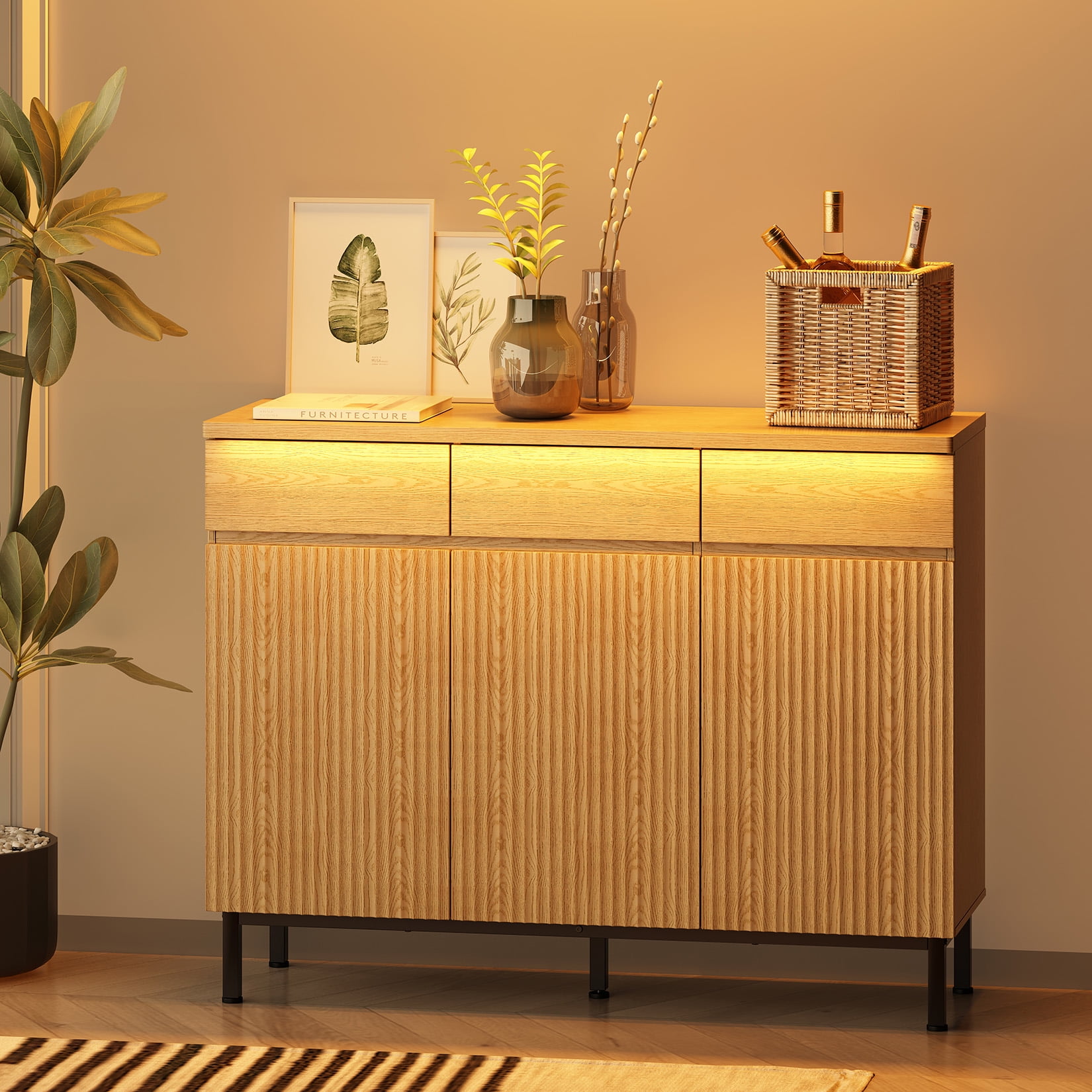 DAELIFKER Modern Fluted Sideboard Buffet Cabinet with Storage and Led Lights, 46" Kitchen Buffet ...