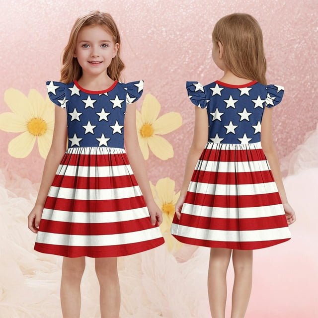 Daetiros 4th Of July Dresses For Girlsamerican Flag Crew Neck Girls Summer Dress Blue Size 7 T