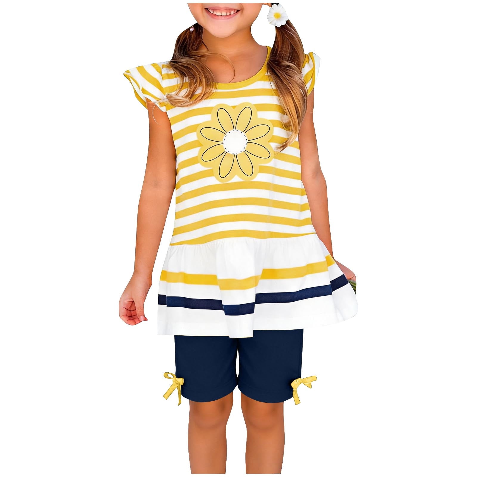 DAETIROS Girls 2 Piece Outfit Set: Striped Flutter Sleeve Top & Biker ...