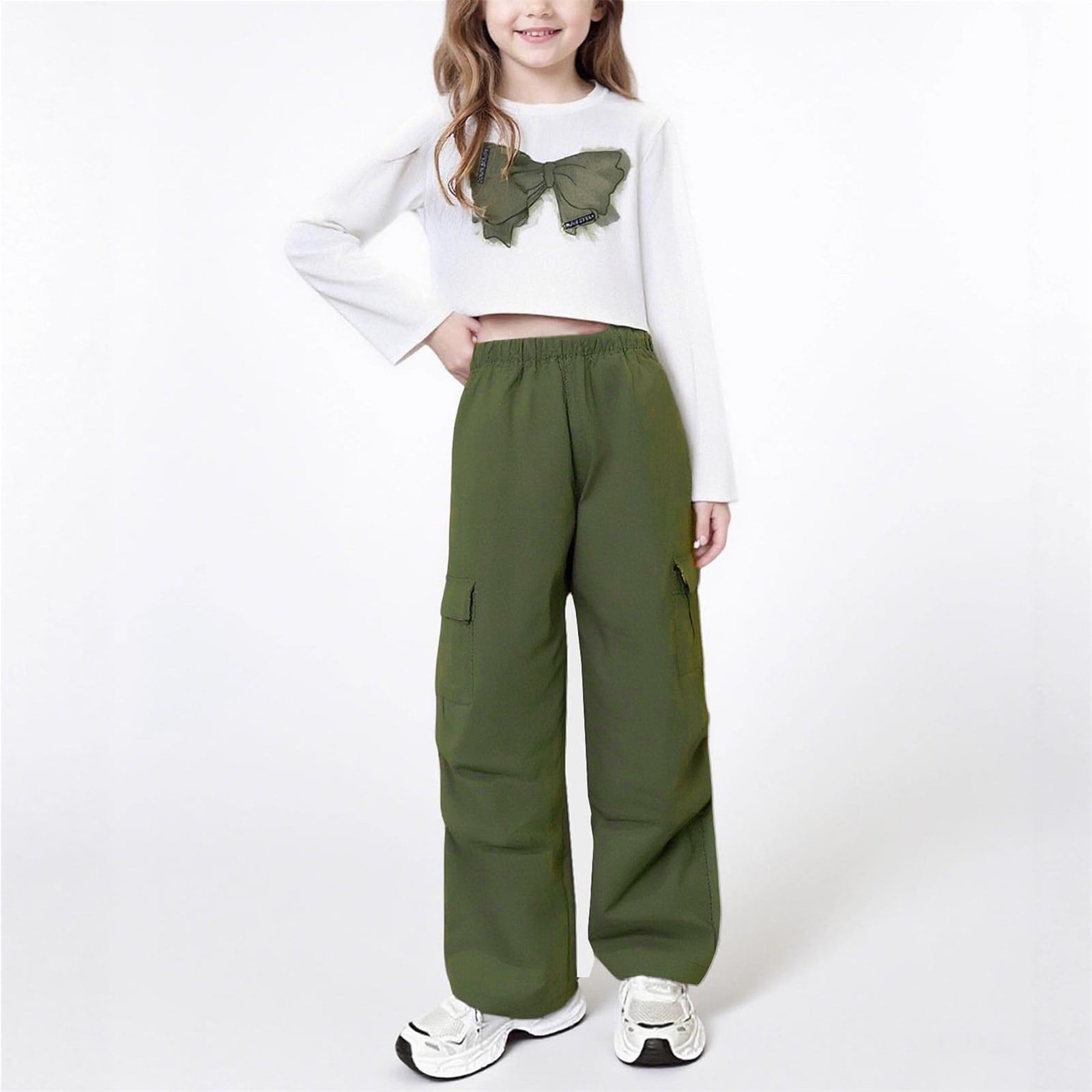 DAETIROS Girls 2 Piece Set Bow Crop Top and Cargo Pants Soft Stretch ...