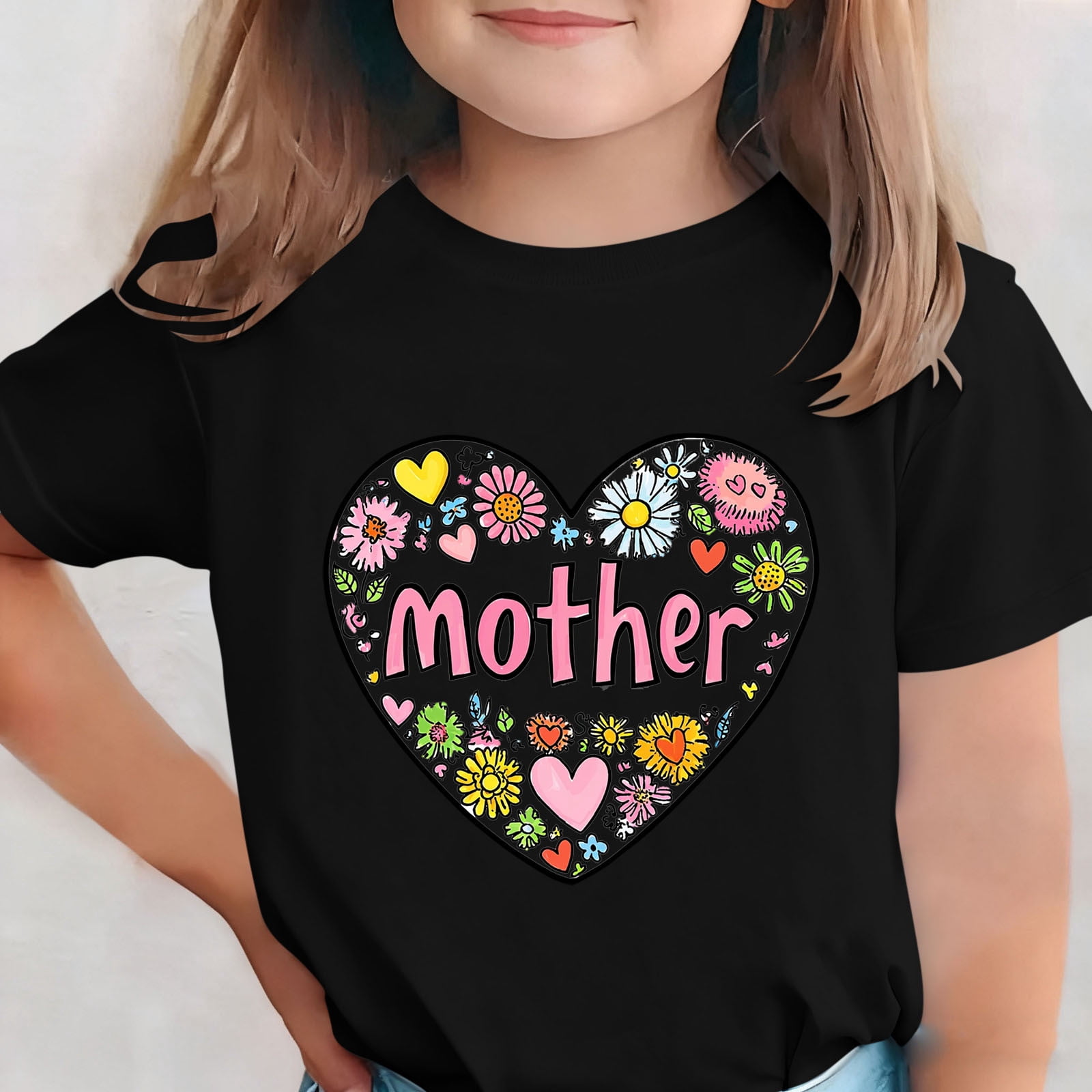 DAETIROS Girls Mothers Day Black Floral Heart Graphic T-Shirt Love Mom ...
