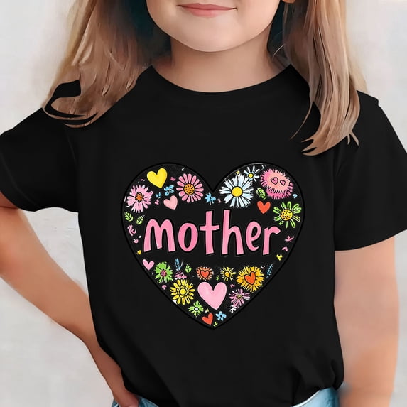 DAETIROS Girls Mothers Day Black Floral Heart Graphic T-Shirt Love Mom ...