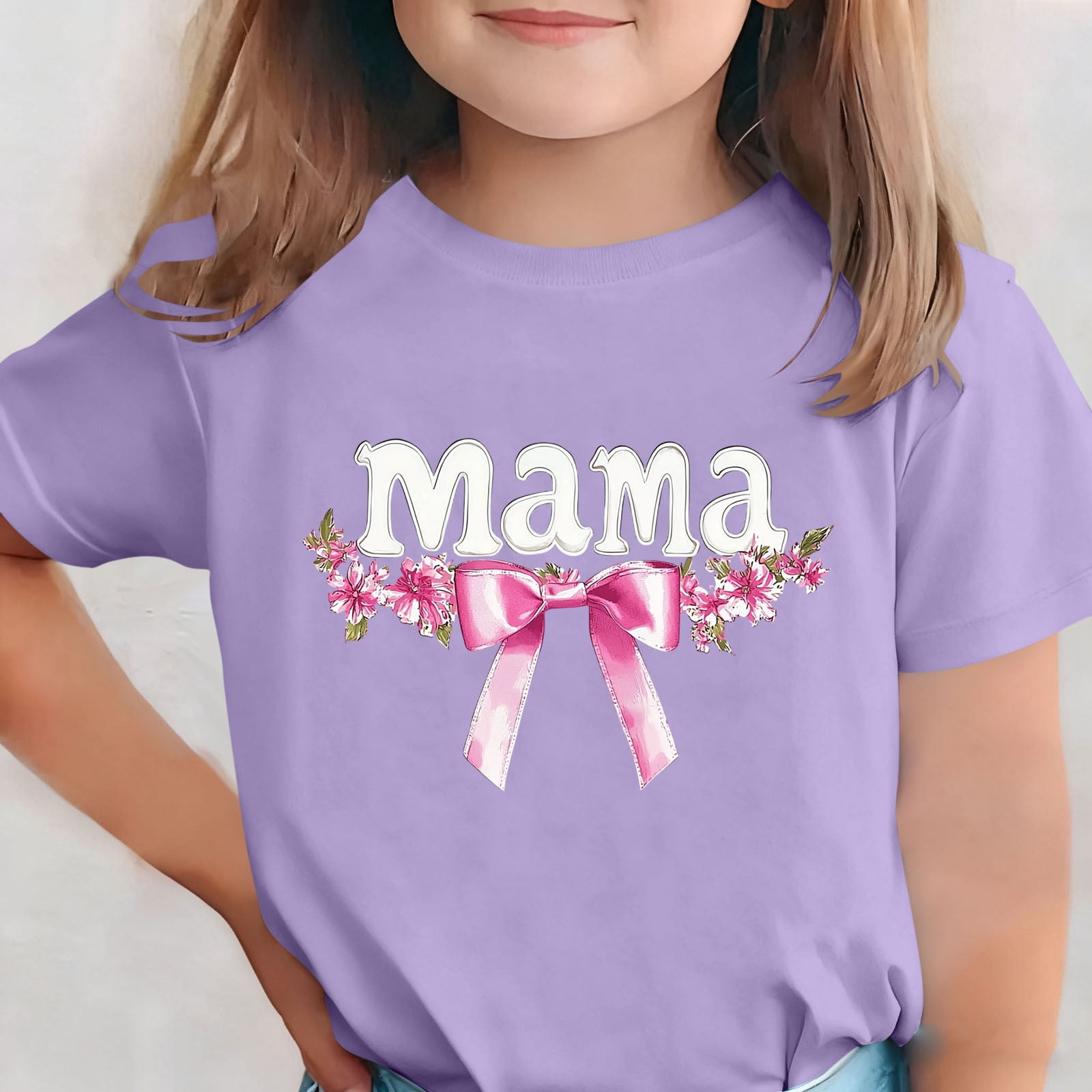 DAETIROS Girls Purple Mama Floral Bow Graphic Cotton T-Shirt Kids Short ...