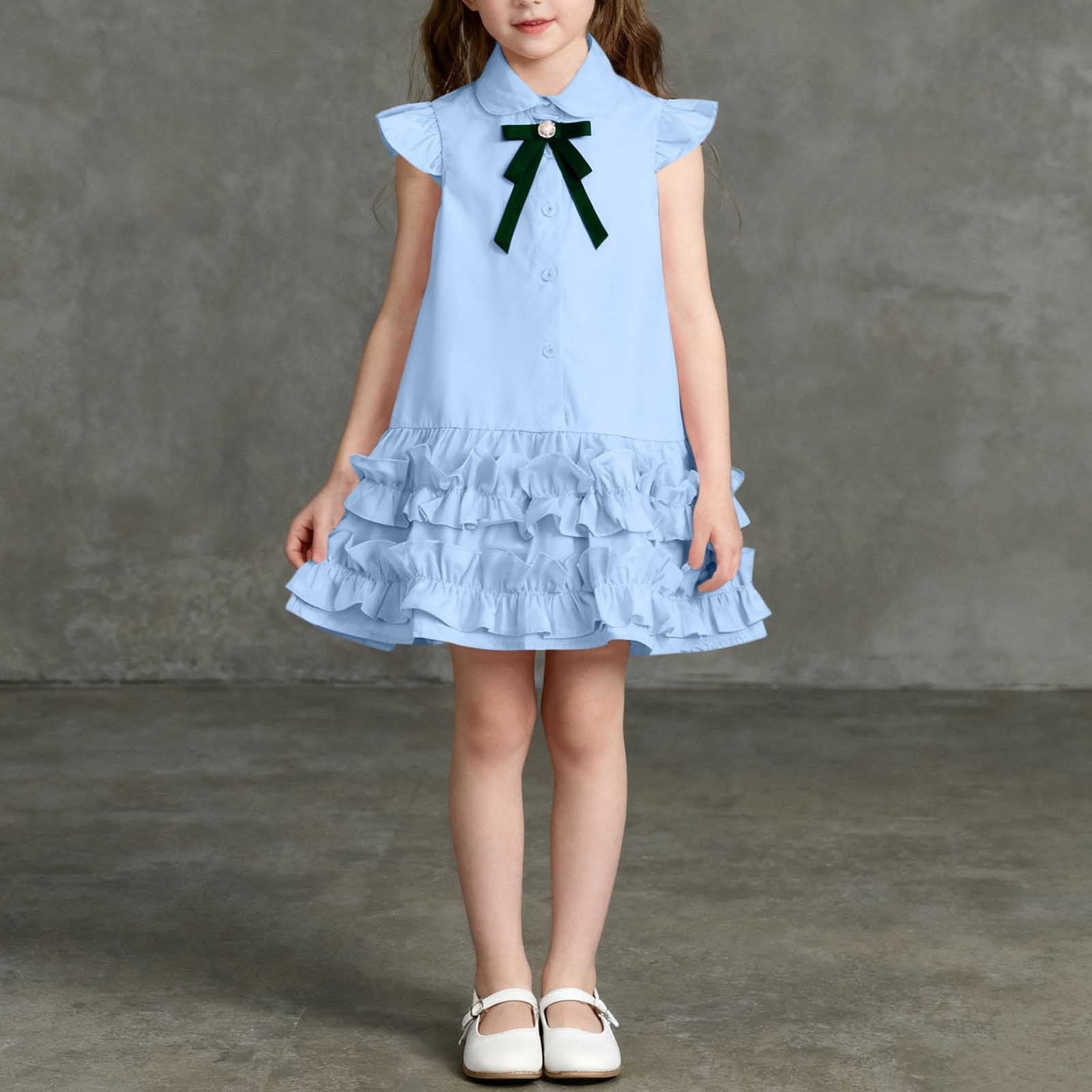DAETIROS Girls Summer Dress Blue Cotton Ruffle Sleeveless Tiered with ...