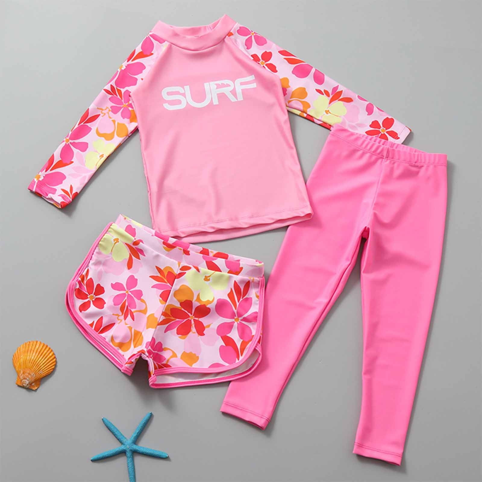 DAETIROS Girls Swim Set 3PC-Long Sleeve Floral Printed Shirt and Cute ...